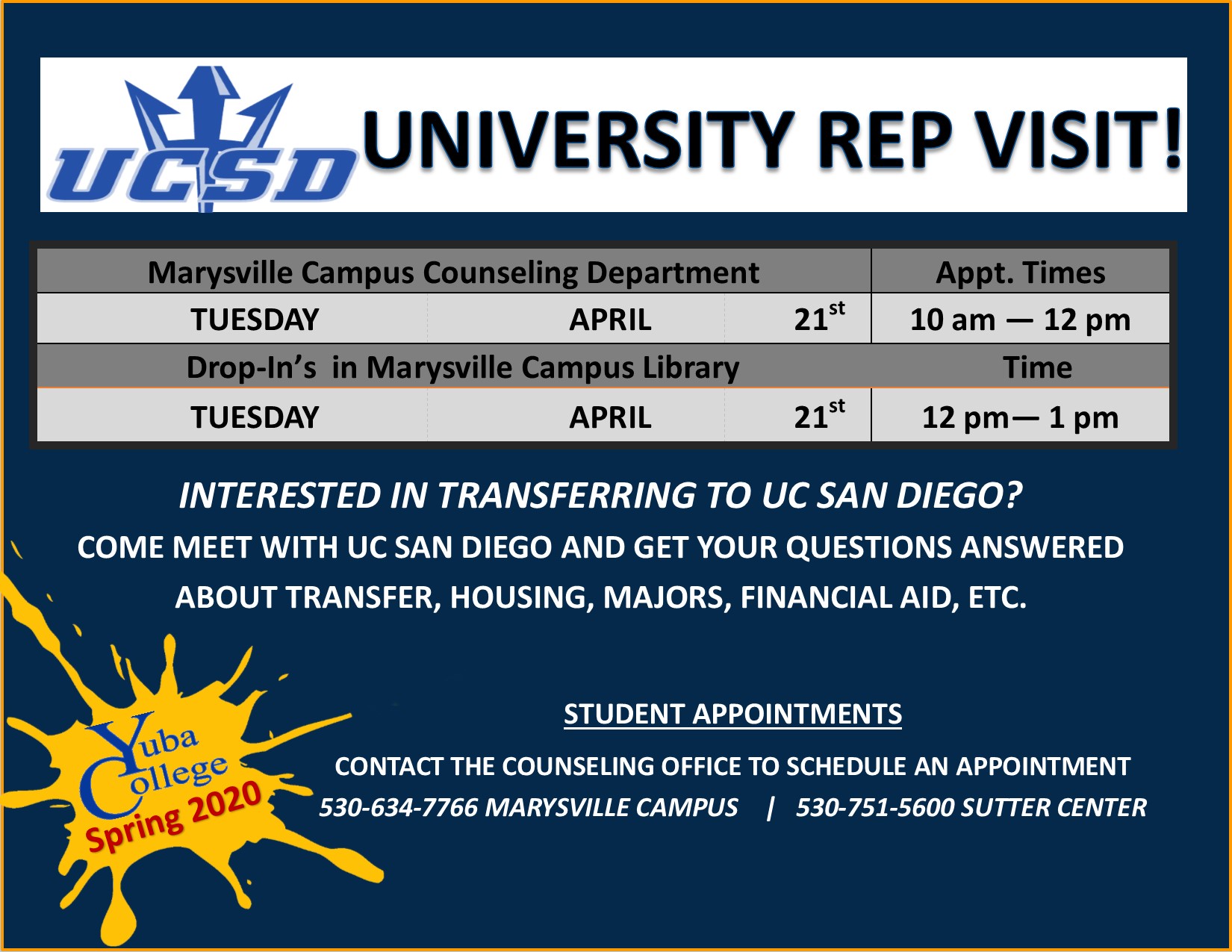 UCSD Appt and Tabling Spring 2020 11 x 17 Poster | Yuba College